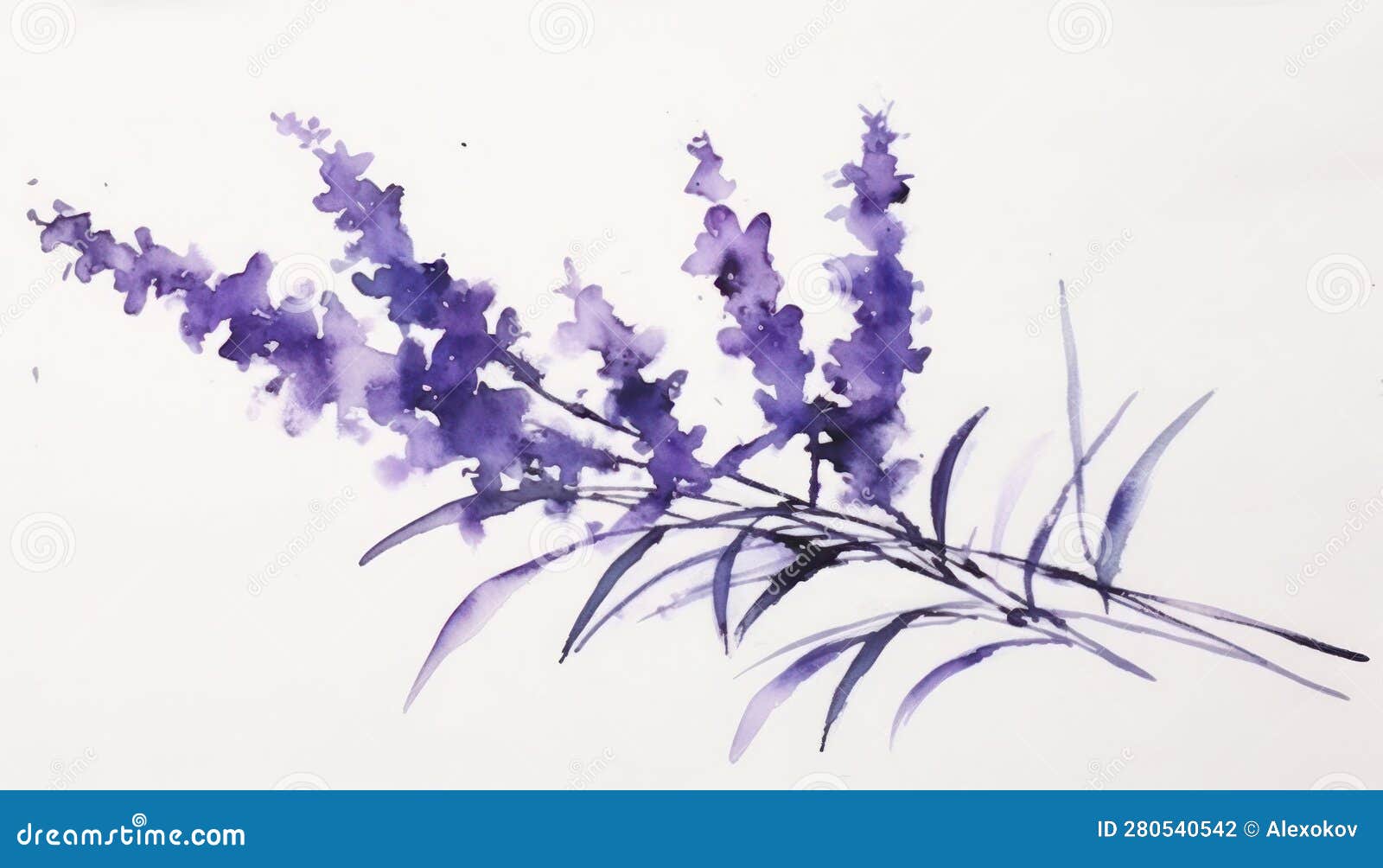 Modern Style Lavender Sprig on White Background in Watercolor . Stock ...