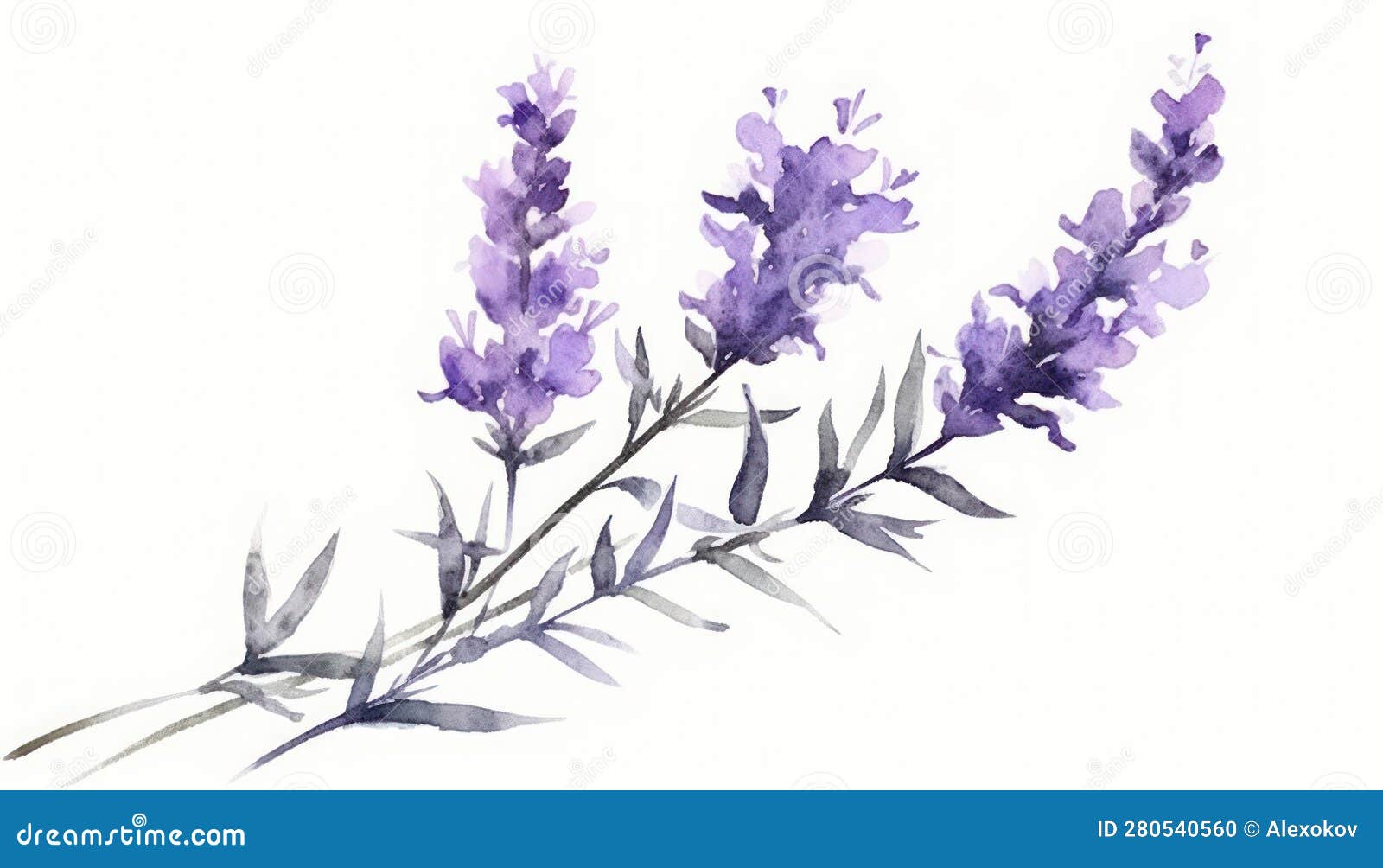 Modern Style Lavender Sprig on White Background in Watercolor . Stock ...
