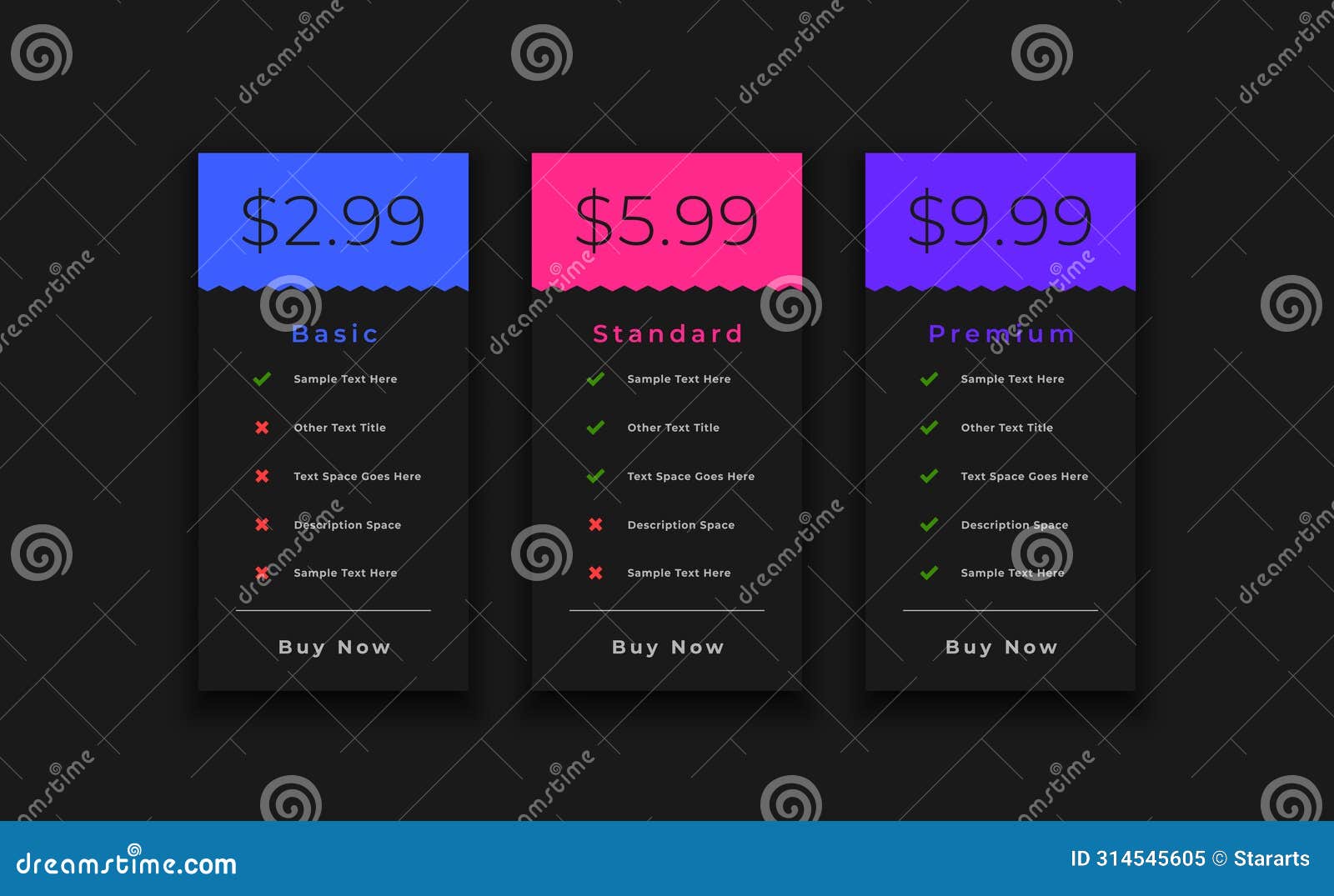 Modern Style Pricing Chart Table Layout with Three Subscription Plan ...
