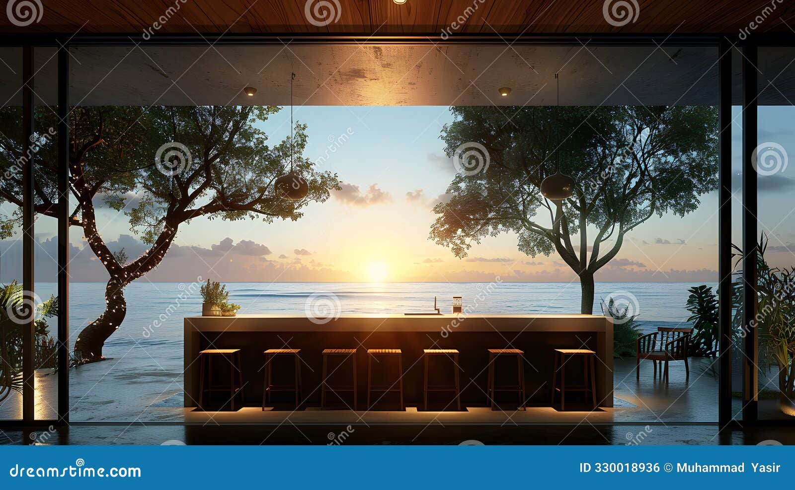 Modern Style White Kitchen and Dining Room Interior with Nature View 3d ...