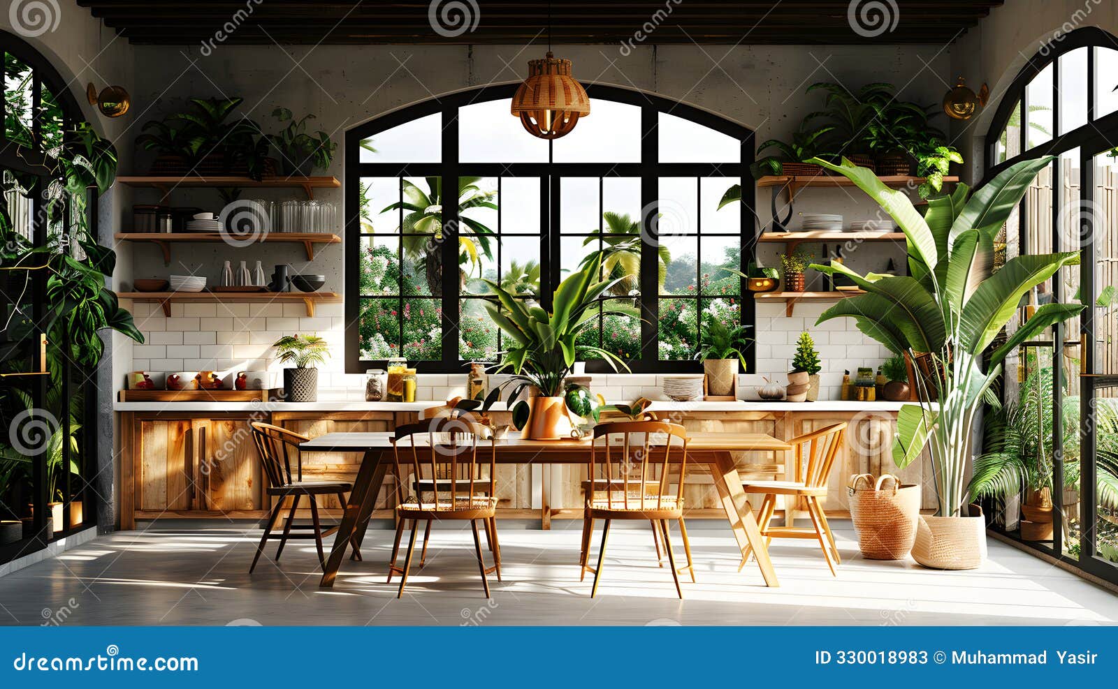 Modern Style White Kitchen and Dining Room Interior with Nature View 3d ...