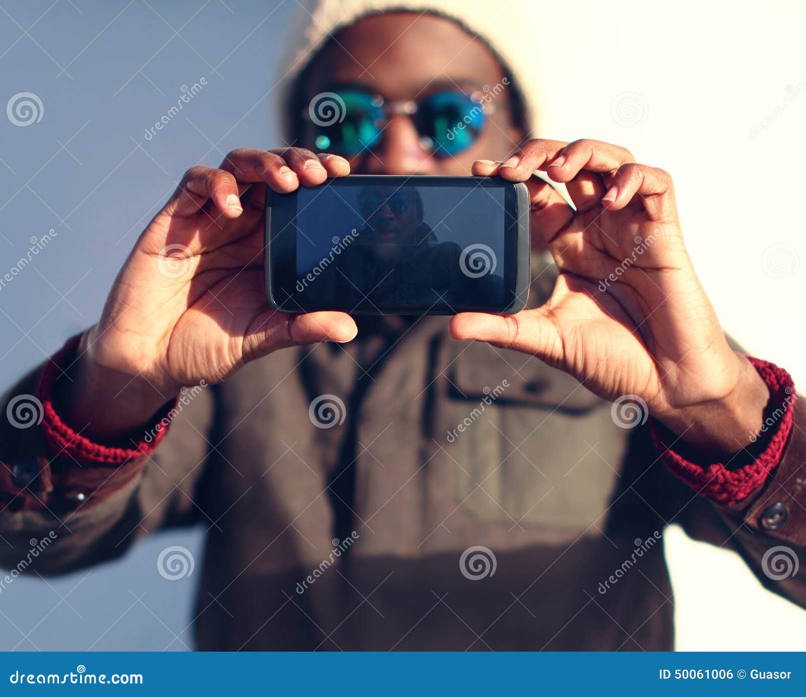 Modern Stylish African Man Makes Selfie, Screen Front View Stock Photo ...