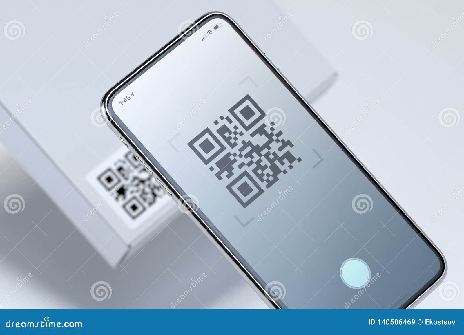 Modern Stylish Mobile Phone Scanning QR Code on White Box. 3d Rendering ...