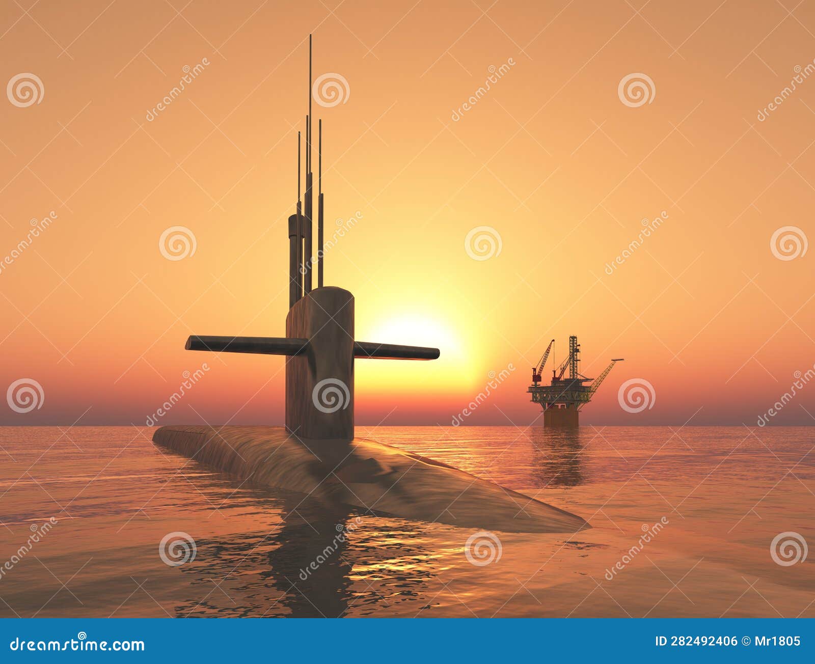 Modern Submarine and Offshore Platform in the Open Sea at Sunset Stock ...