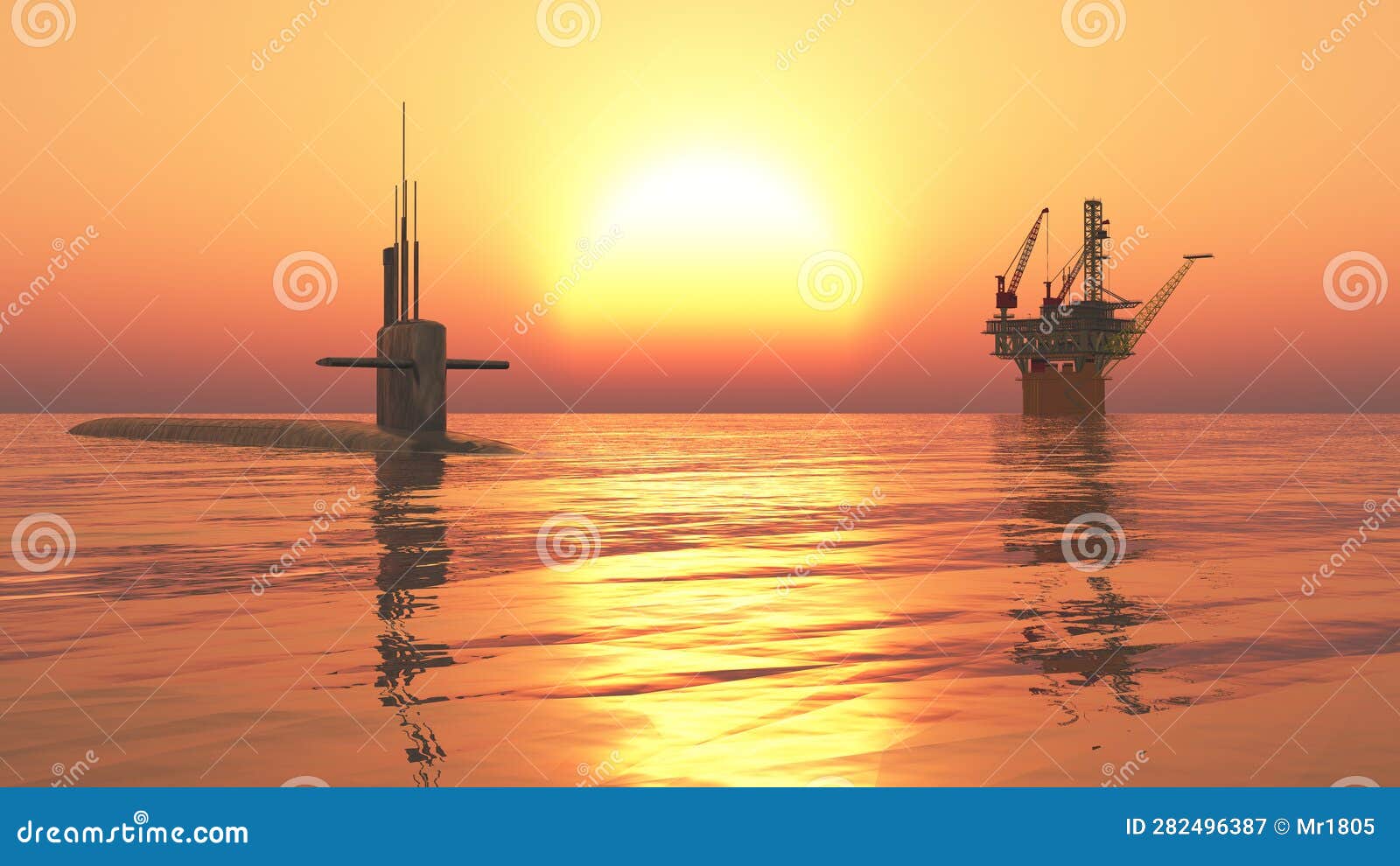 Modern Submarine and Offshore Platform in the Open Sea at Sunset Stock ...