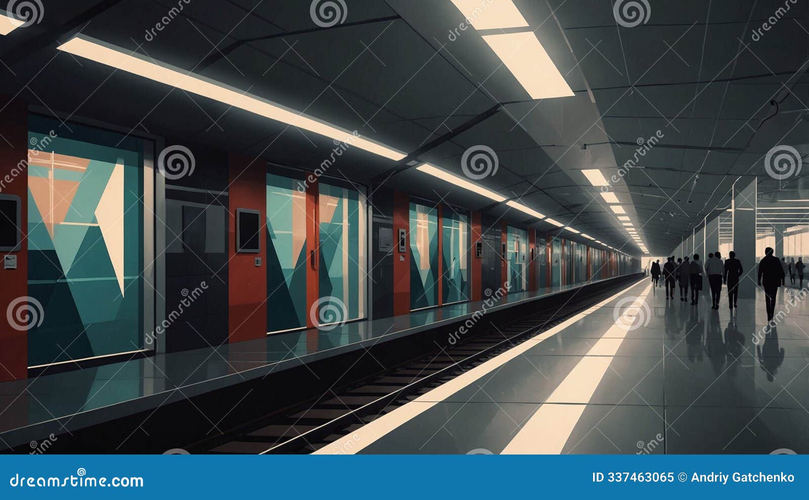 Modern Subway Station with Geometric Art Panels and People Walking on ...