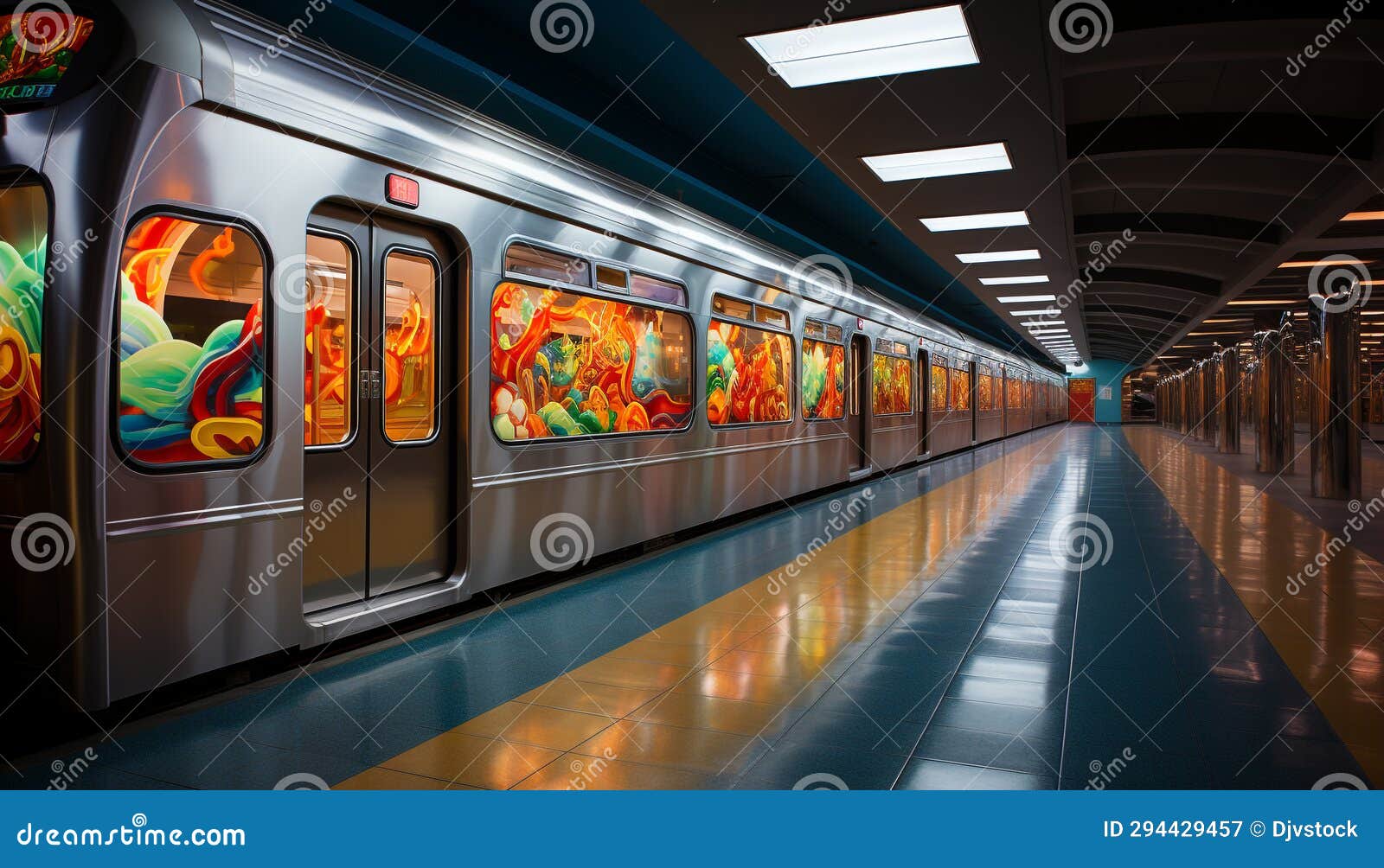 Modern Subway Train Speeds through Underground Corridor, Illuminating ...