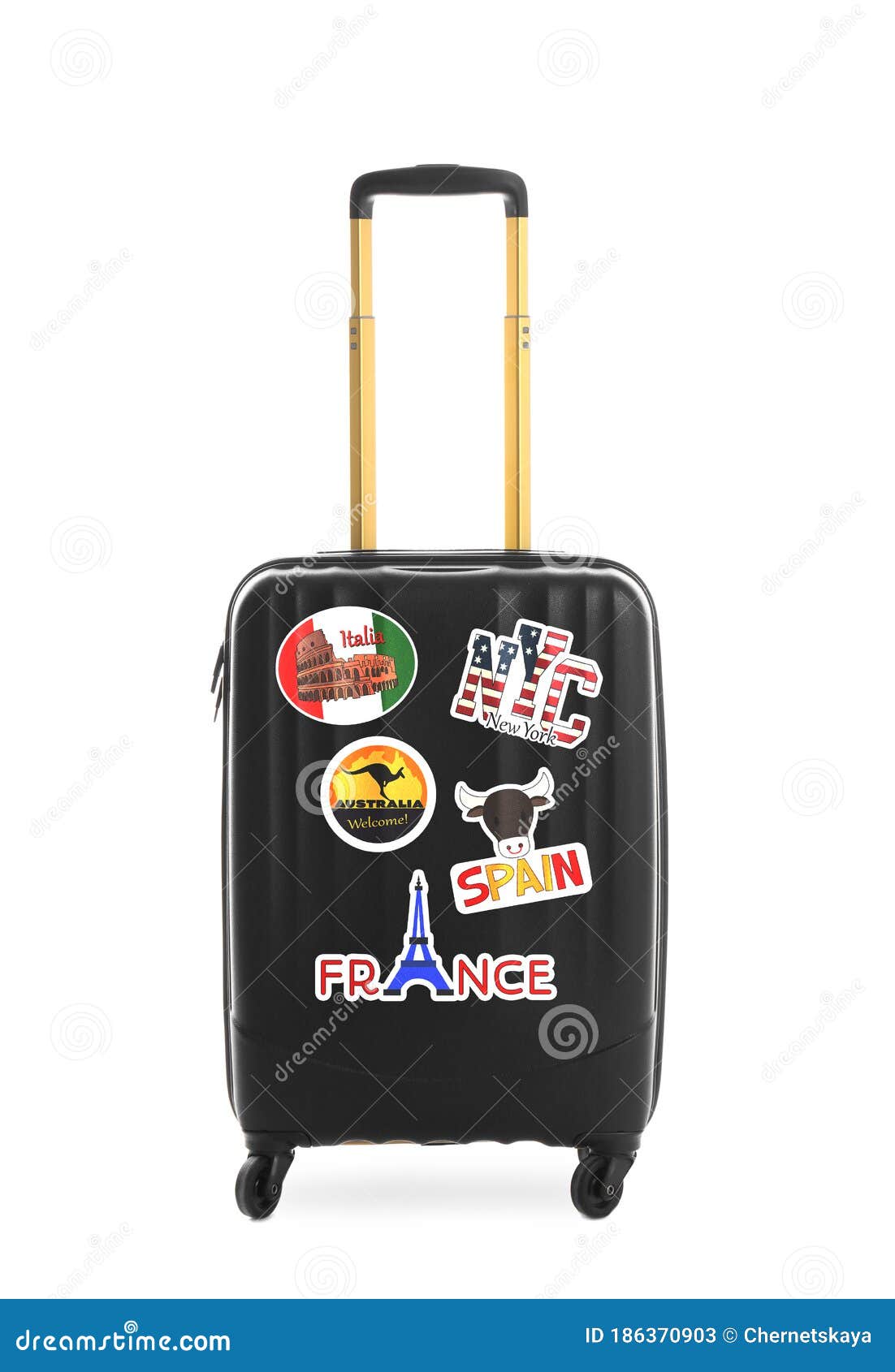 Modern Suitcase with Travel Stickers on Background Stock Image - Image ...