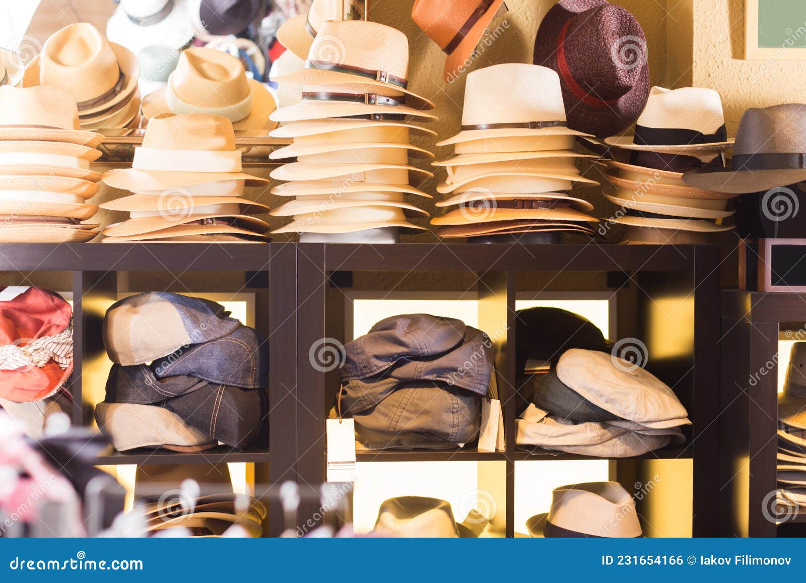 Modern Sun Hats Hanging on the Shelf Stock Photo - Image of group, shop ...