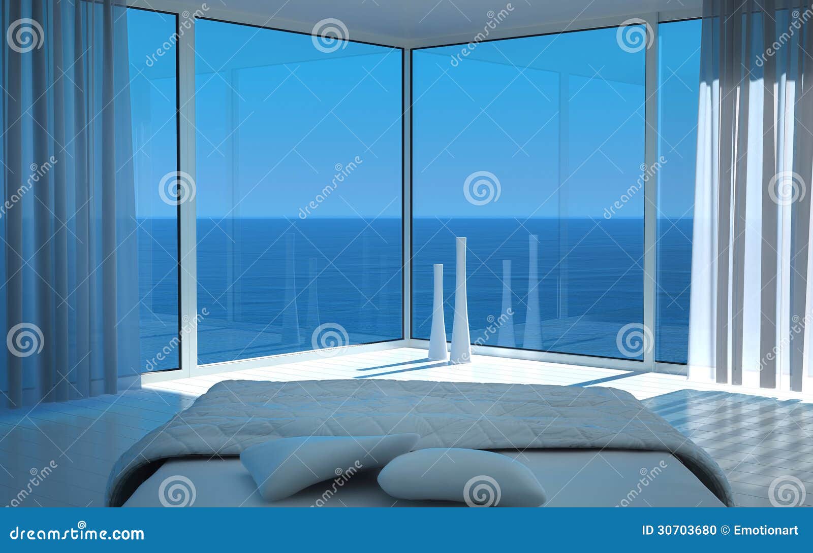 Modern Sunny Bedroom Interior with Fantastic Seascape View Stock Photo ...