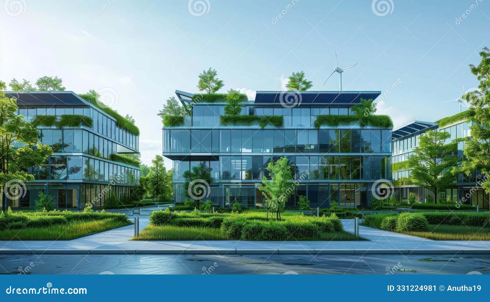 Modern Sustainable Office Buildings with Greenery and Solar Panels ...