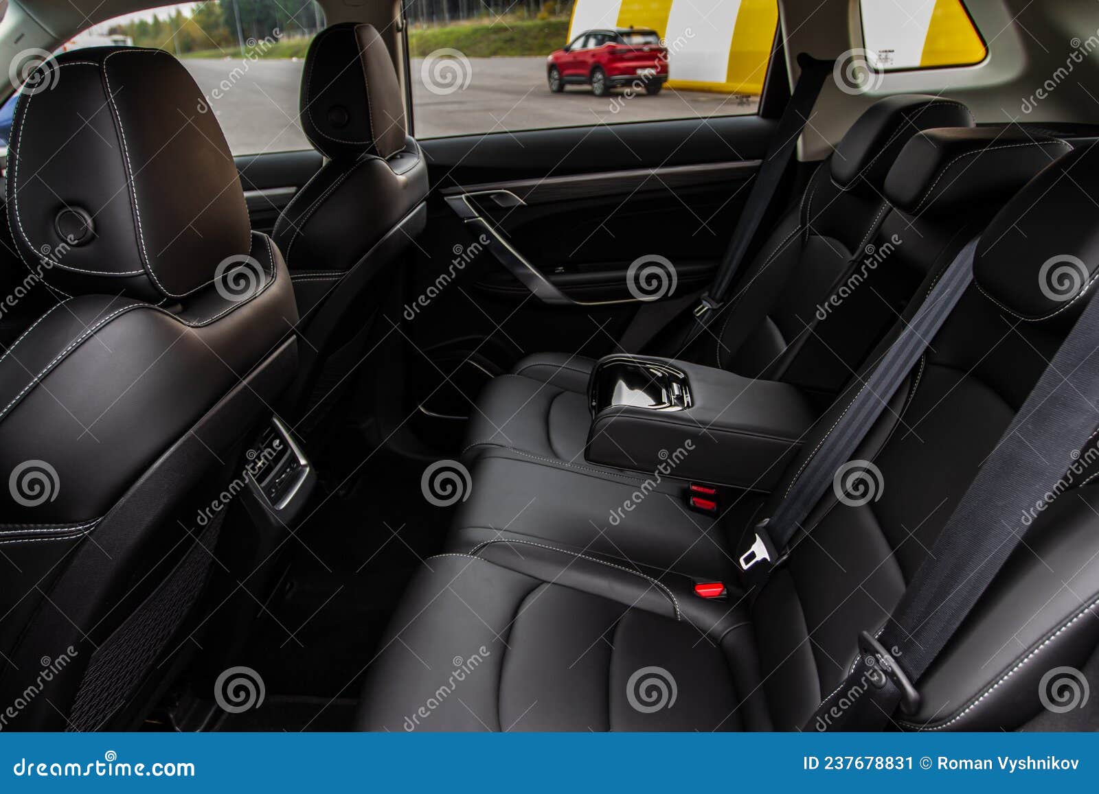Modern SUV Car Inside. Leather Black Back Passenger Seats in Modern ...