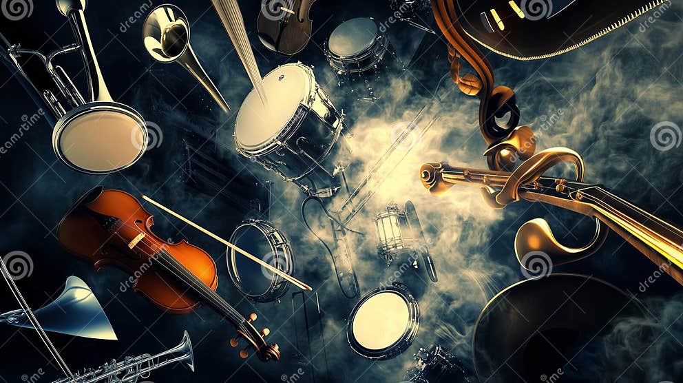 Modern Symphony of Brass and Strings in Smoky Abstract Musical Scene ...