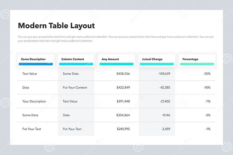 Modern Table Layout Template with Five Colorful Columns Stock Vector - Illustration of marketing ...
