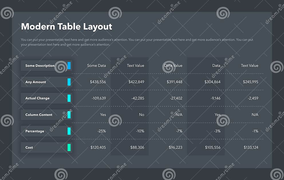 Modern Table Layout Template with Six Colorful Rows - Dark Version ...