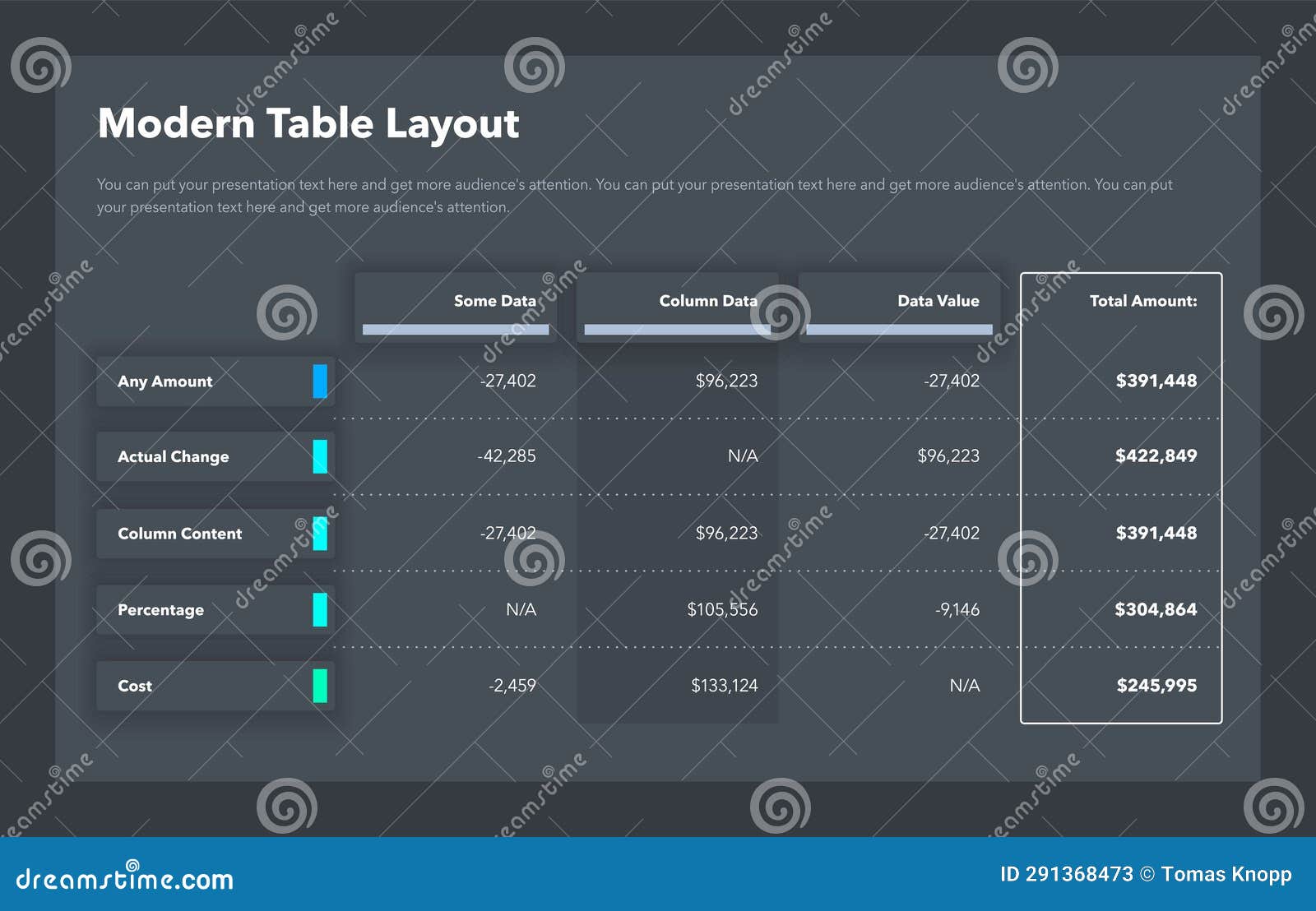 Modern Table Layout Template with a Total Amount Column - Dark Version ...