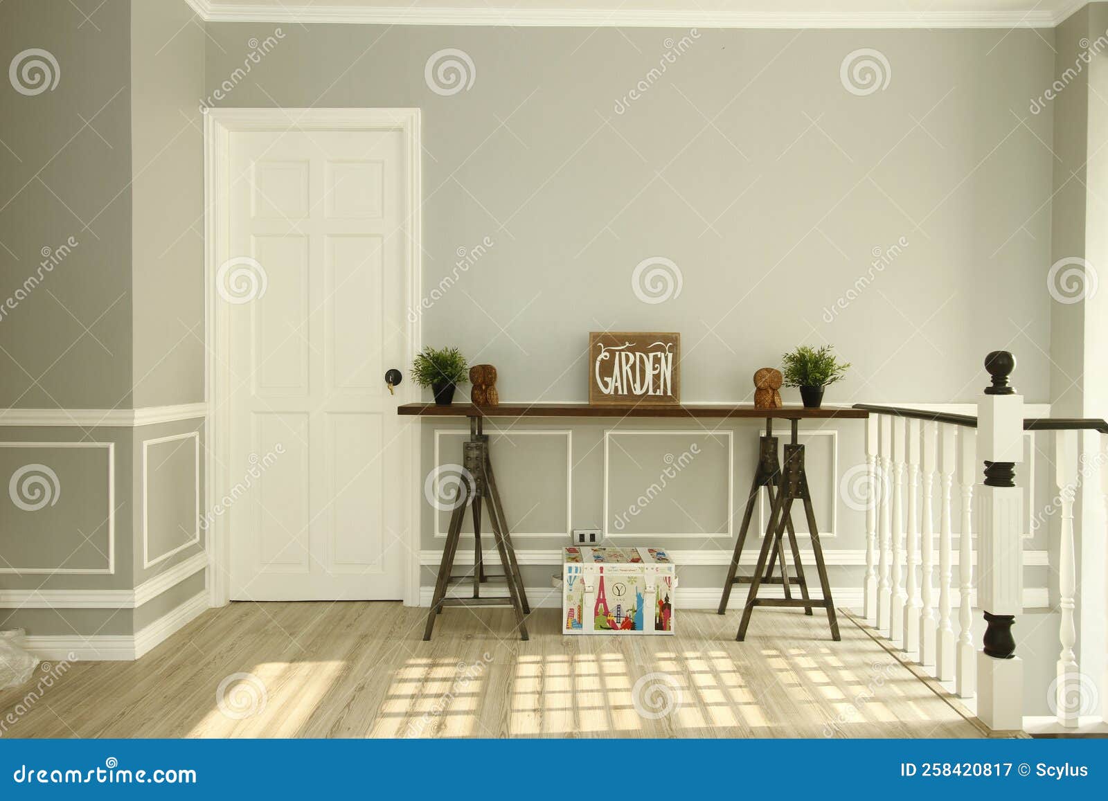 Modern Table at Top Stair Landing, Light and Breezy Feel Stock Image ...