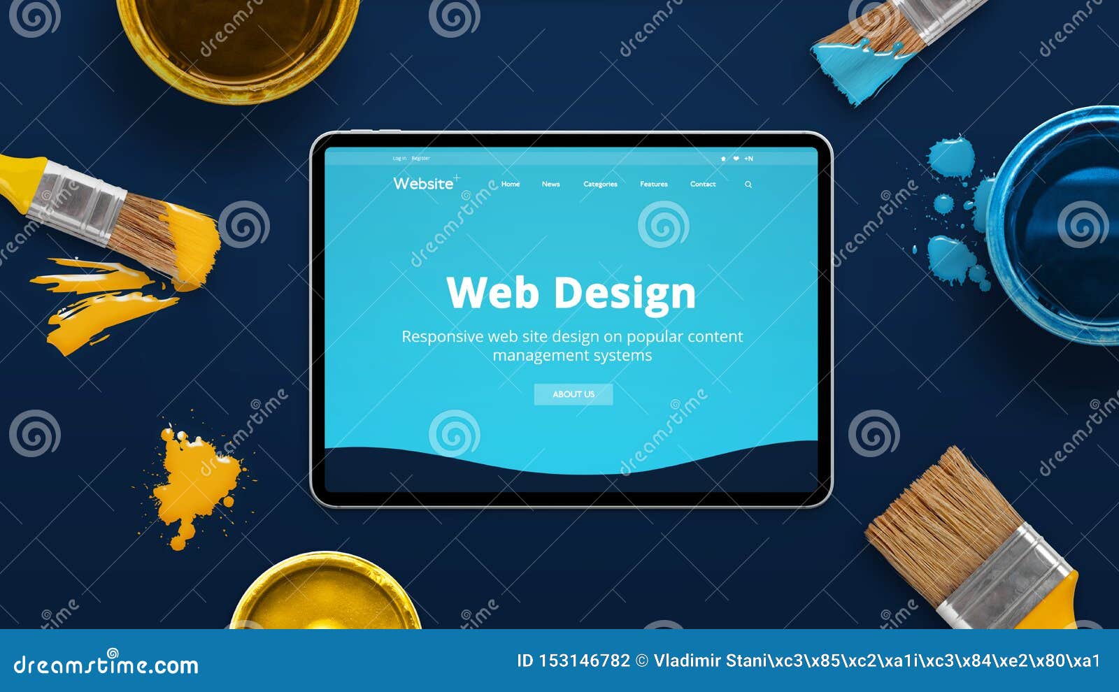 Modern Tablet on a Blue Desk with Creative Flat Design Theme Od Web ...