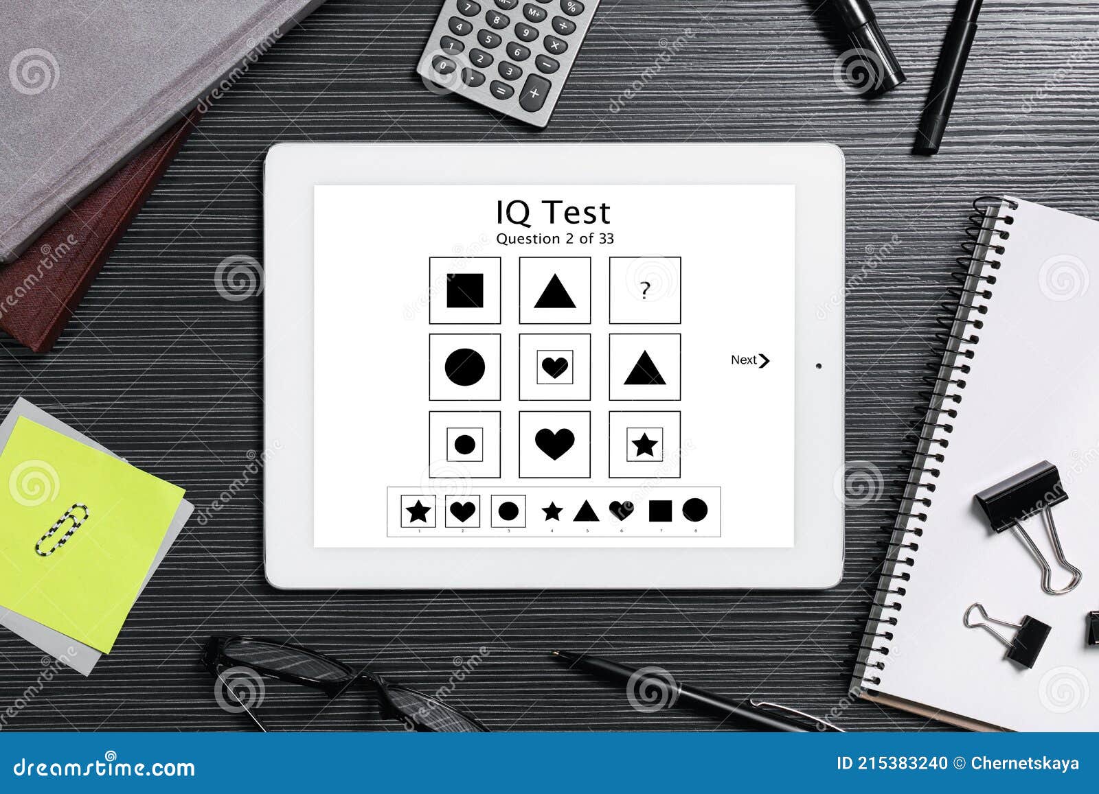 Modern Tablet with IQ Test on Black Wooden Table, Flat Lay Stock Photo ...
