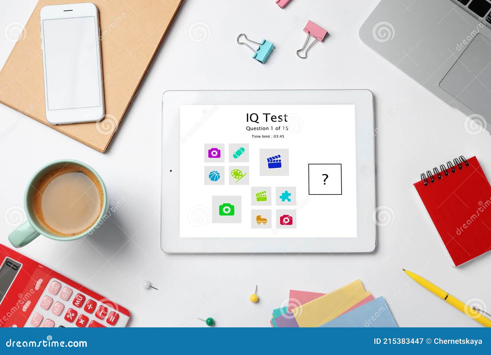 Modern Tablet with IQ Test on White Table, Flat Lay Stock Image - Image ...