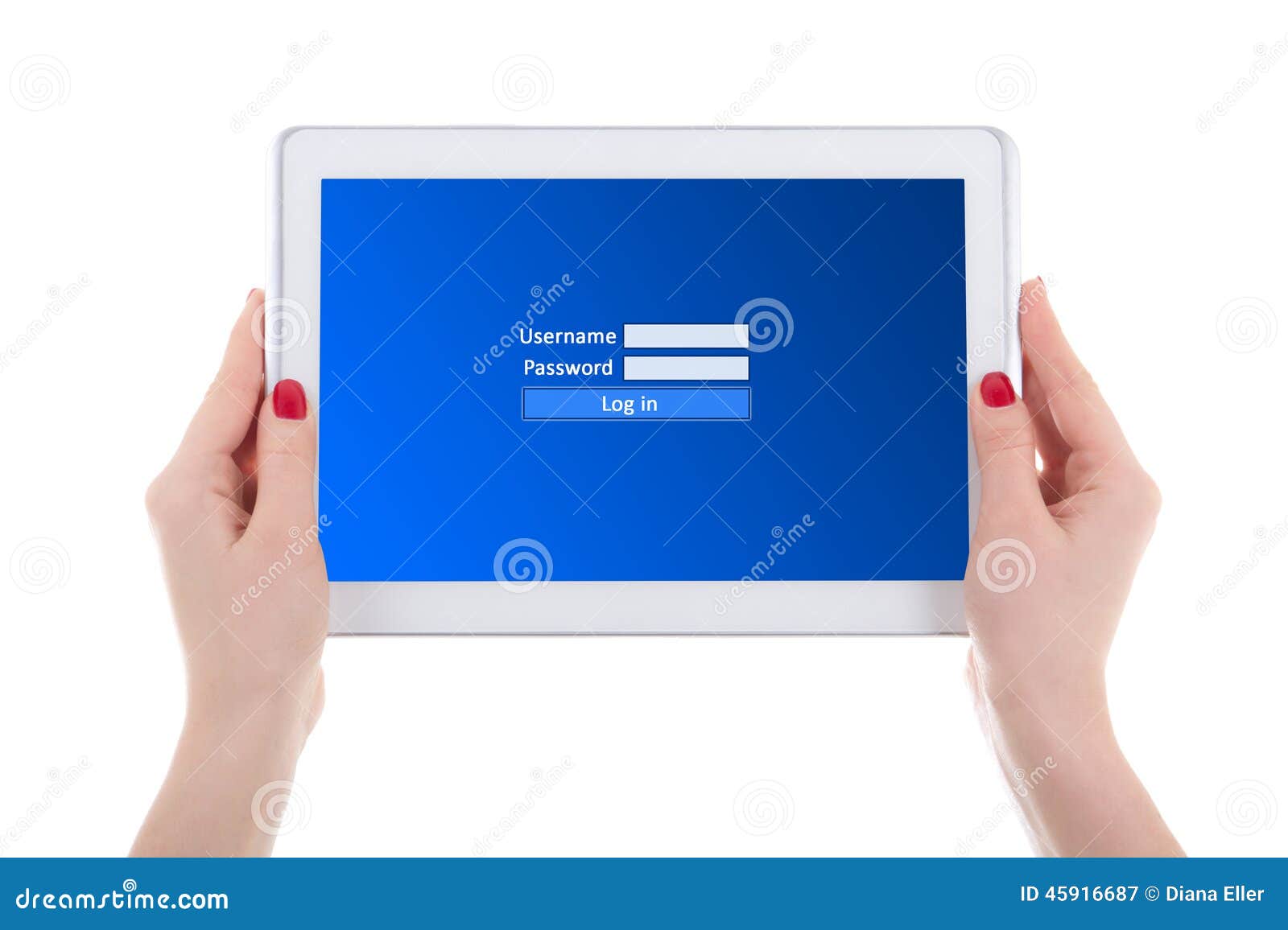Modern Tablet Pc with Login Panel on Screen in Female Hands Isolated on ...