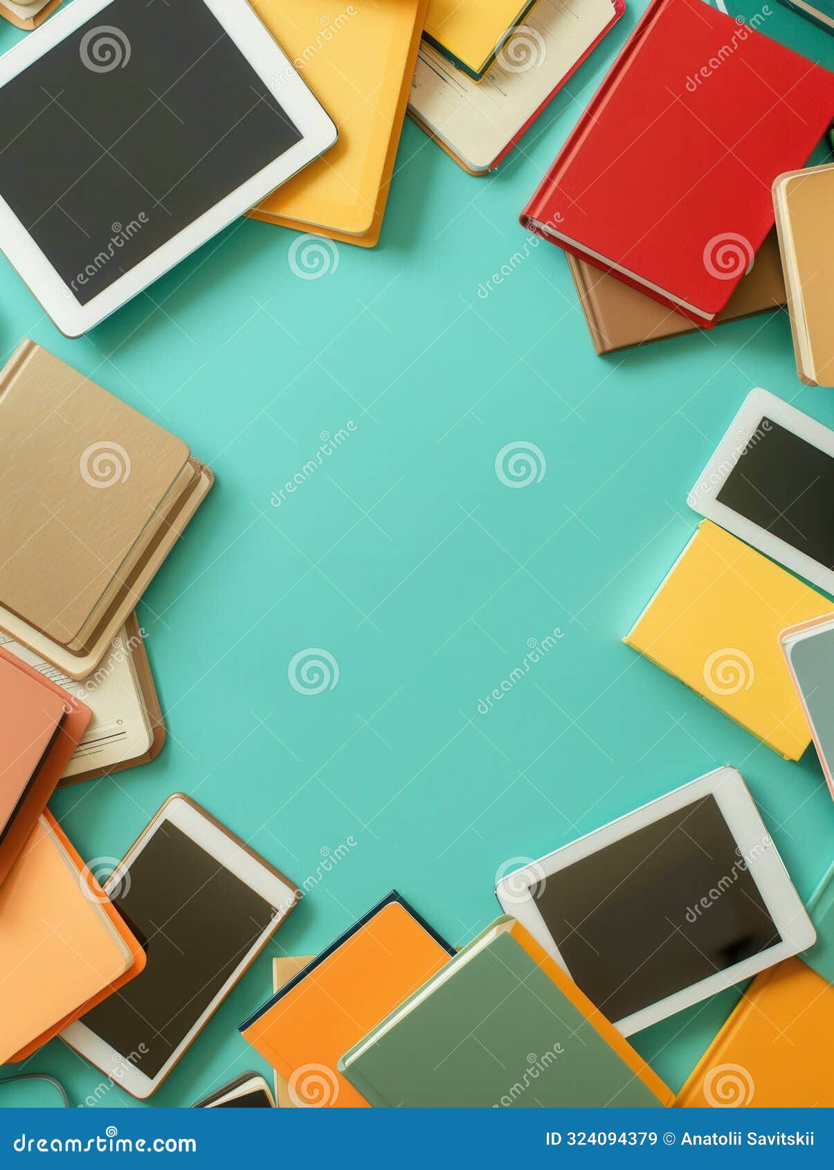 Modern Tablets and E-readers Displaying Educational Materials on a Blue ...