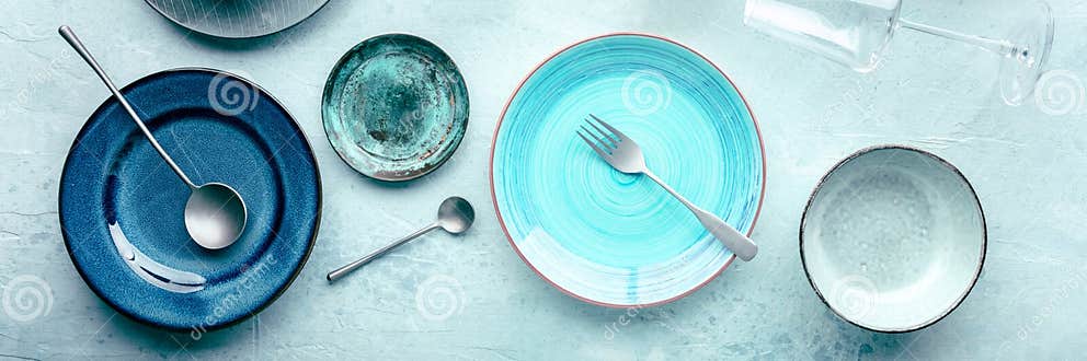 Modern Tableware Banner, Overhead Flat Lay Panoramic Shot. a Table ...