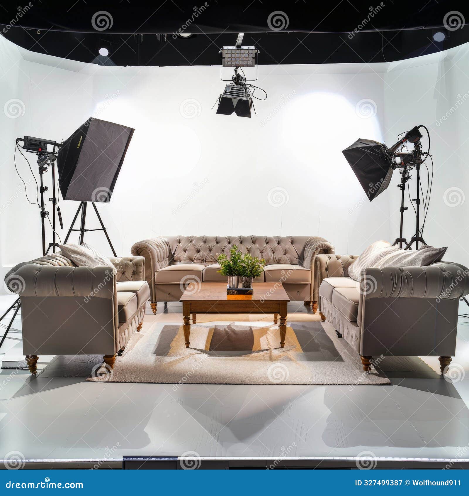 A Modern Talk Show Studio with a Cozy Living Room Setup, Featuring ...