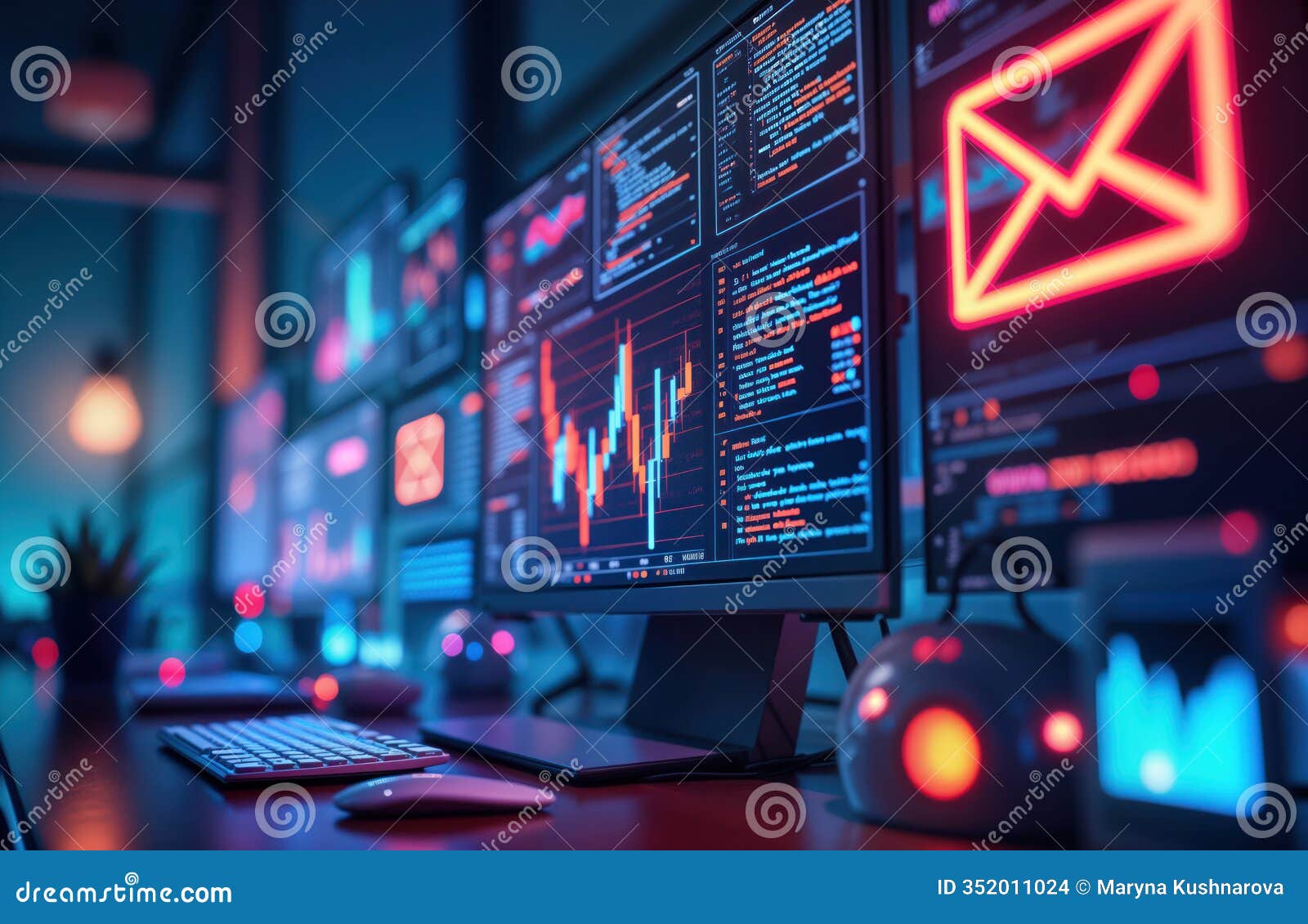 Modern Tech Desktop with Multiple Screens Showing Coding, Data Visualizations. Graphic Tools ...