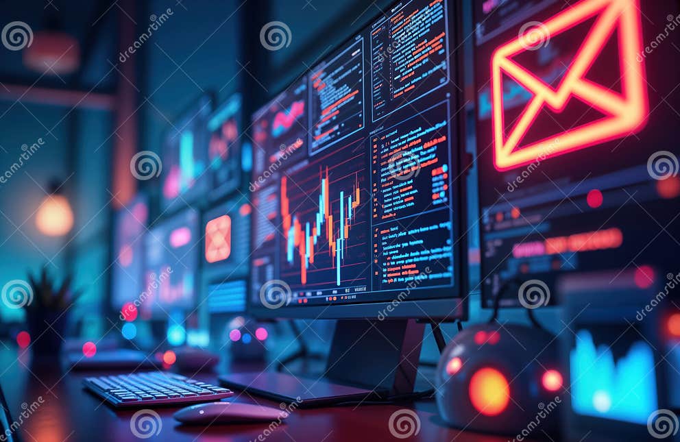 Modern Tech Desktop with Multiple Screens Showing Coding, Data Visualizations. Graphic Tools ...