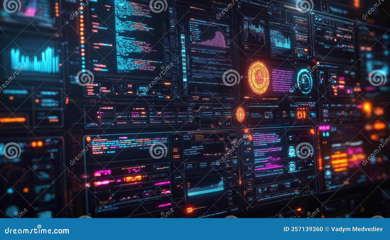 Modern Tech Display Shows Data in Various Formats. Many Screens Display Graphs Charts Codes ...