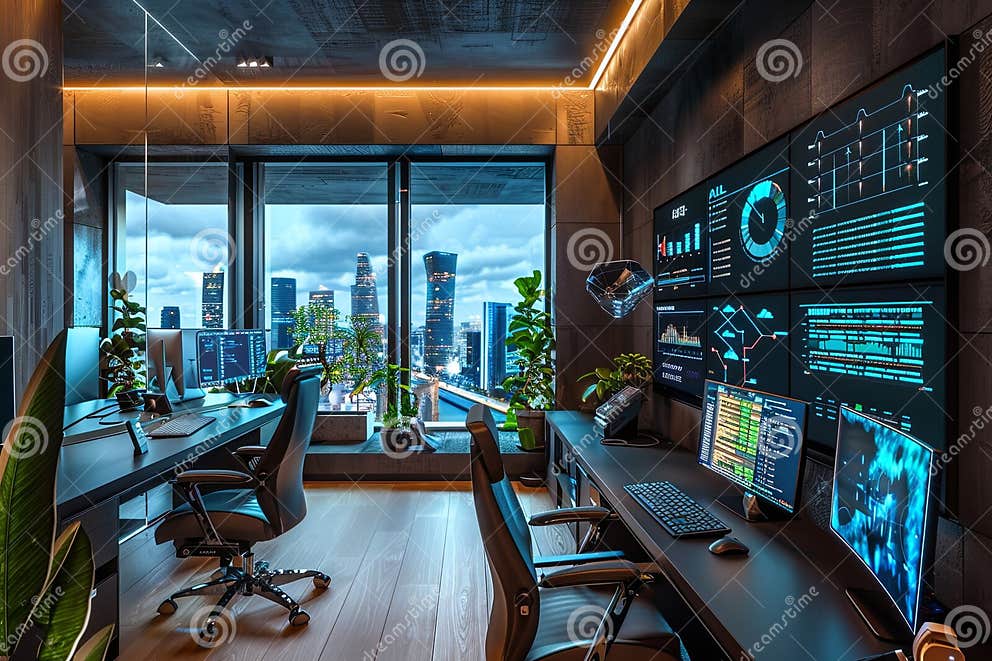 A Modern, Tech-focused Marketers Office with Screens Displaying AI Algorithms Analyzing User ...