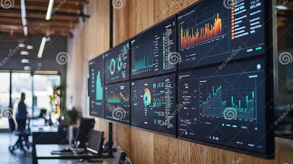 Modern Tech Workspace with Digital Dashboards Stock Illustration ...