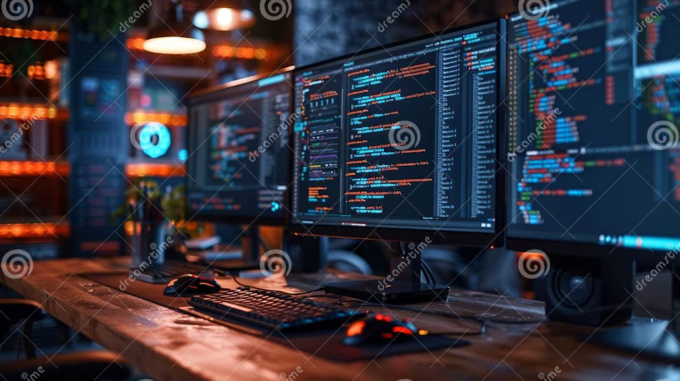 Modern Tech Workspace Equipped with Multiple Computer Monitors ...