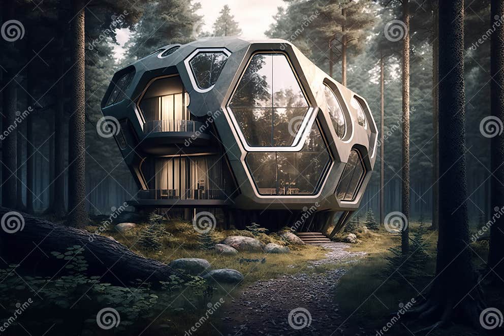 Modern Technological High-tech House in Forest. Generative AI Stock ...