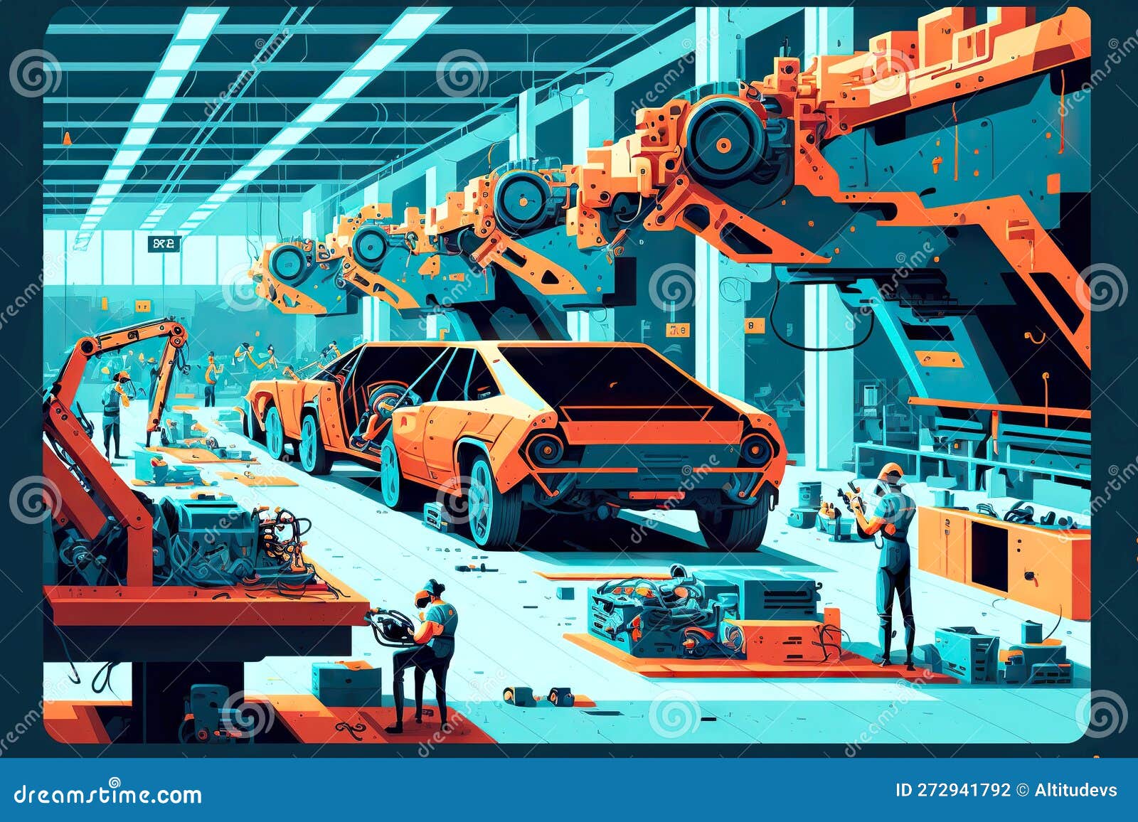 Modern Technologically Advanced Robots Assemble Cars in Large Bright ...