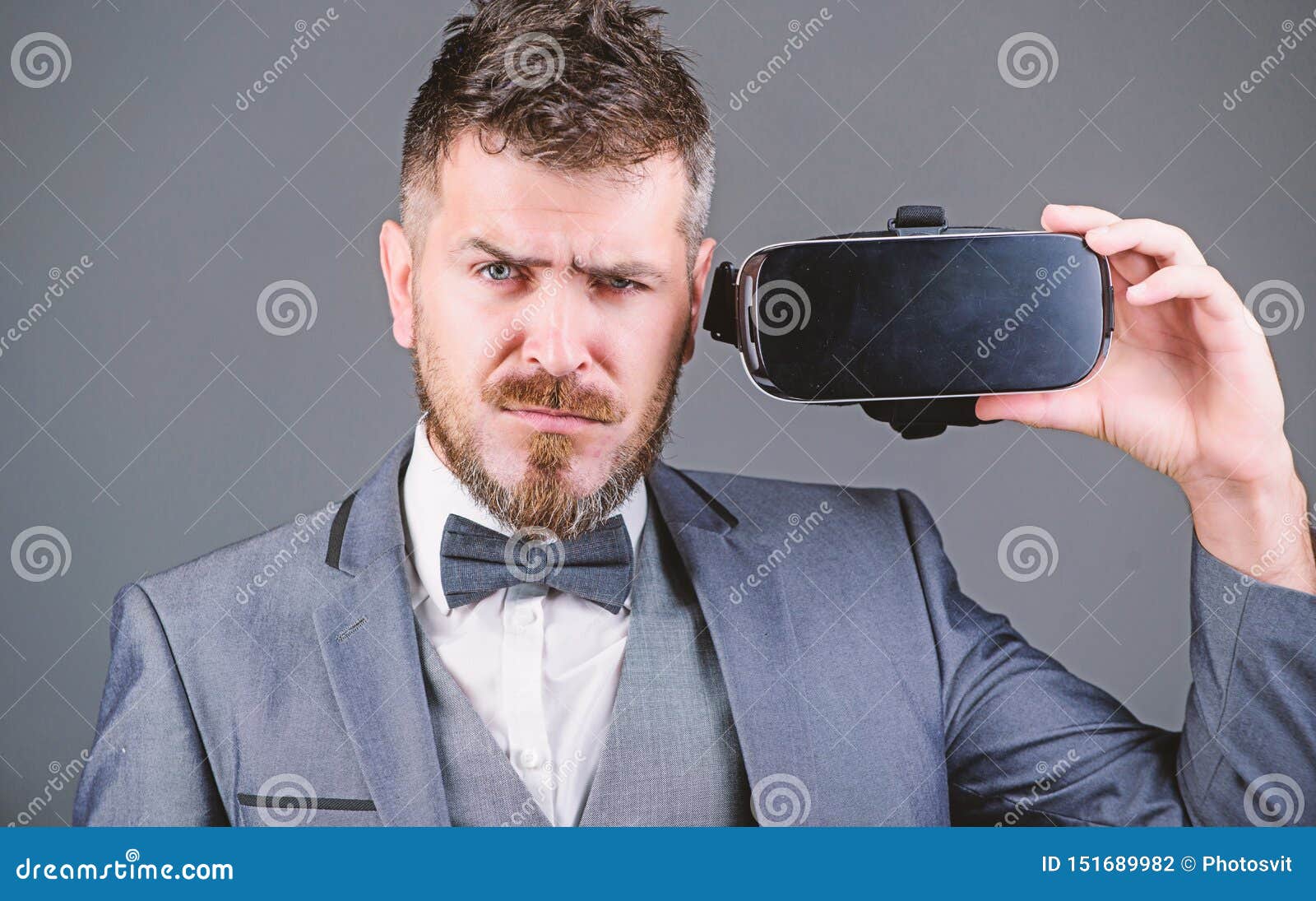 Modern Technologies. Businessman in VR Headset. Visual Reality. Digital ...
