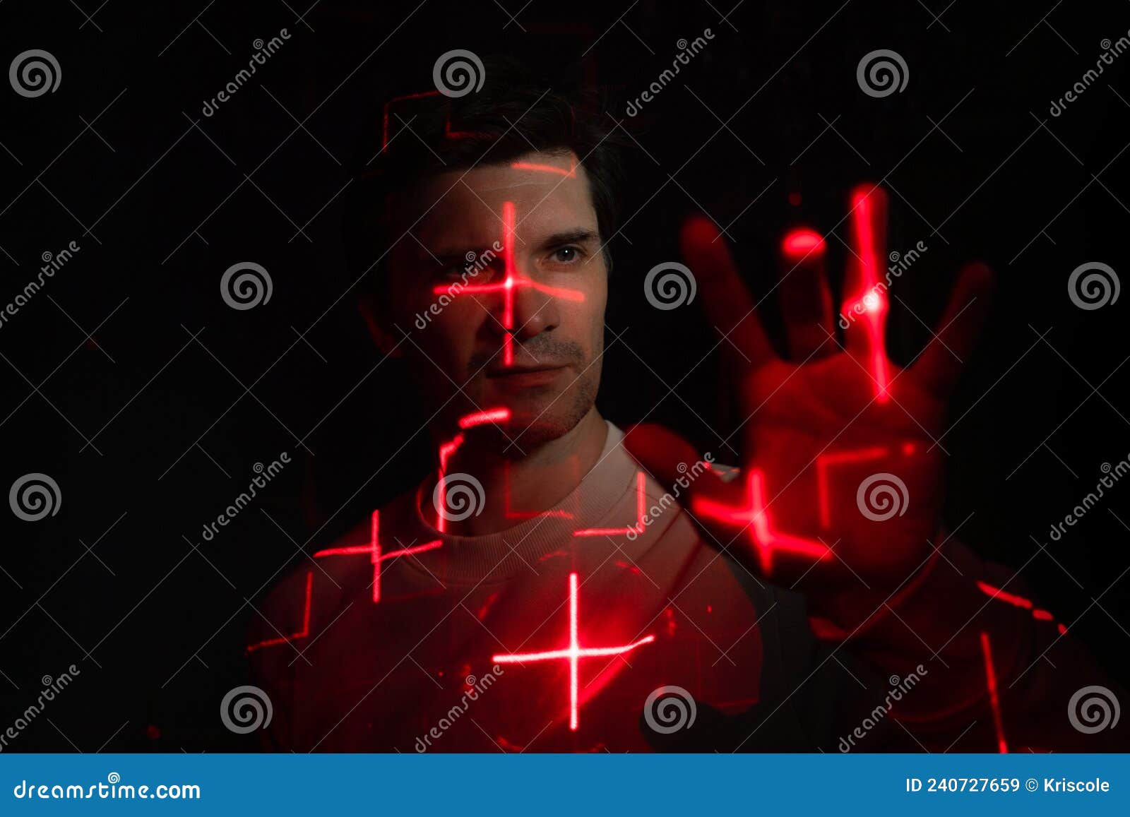 Modern Technologies and Human. Young Man with Projection of Red Lines ...