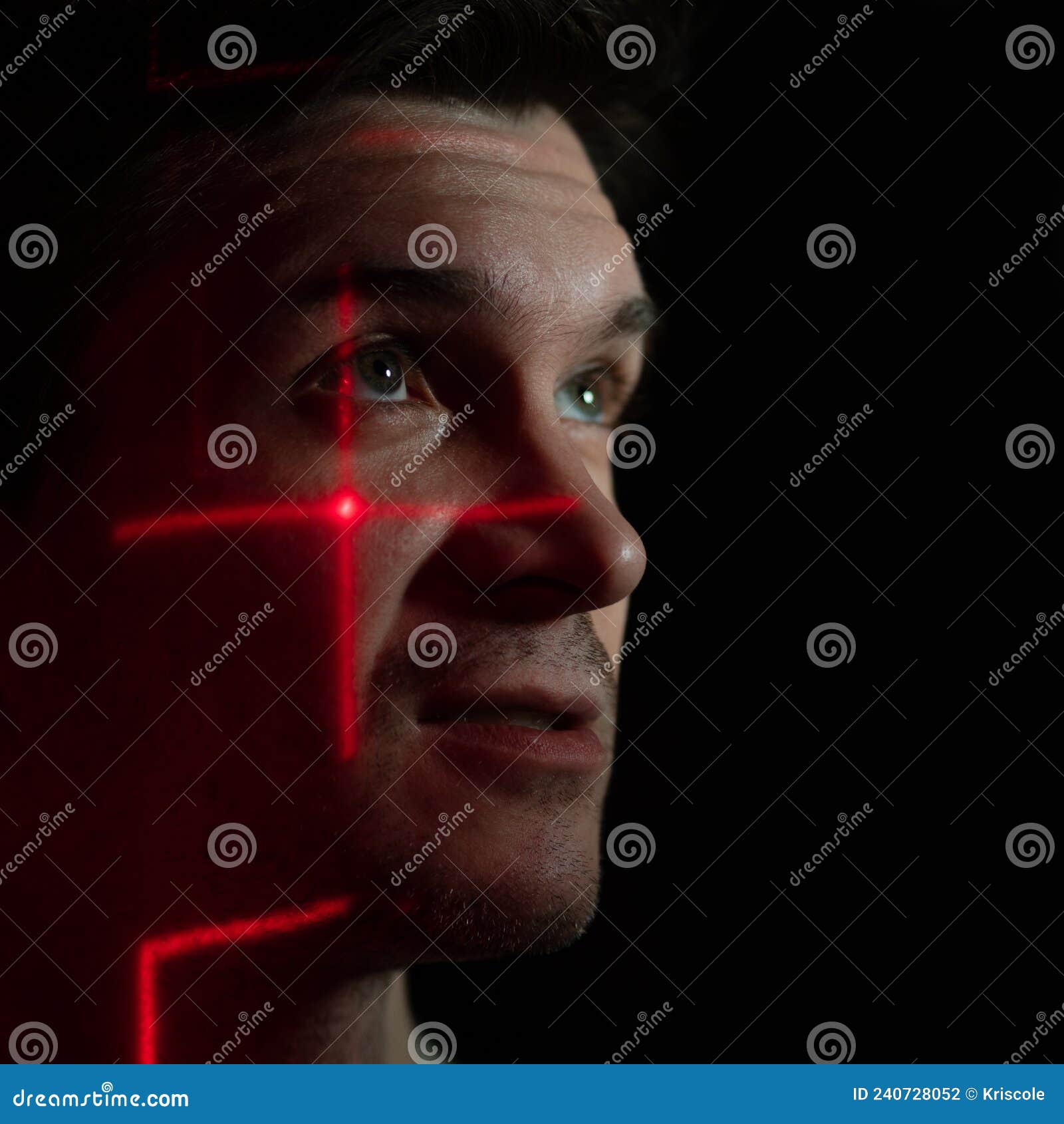 Modern Technologies and Human. Young Man with Projection of Red Lines ...