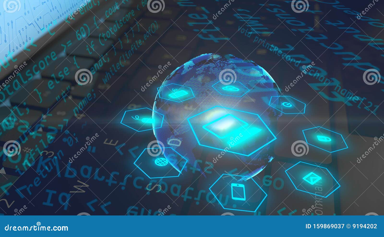 Modern Technology Era, Keyboard with Programming Code and Digital Earth ...