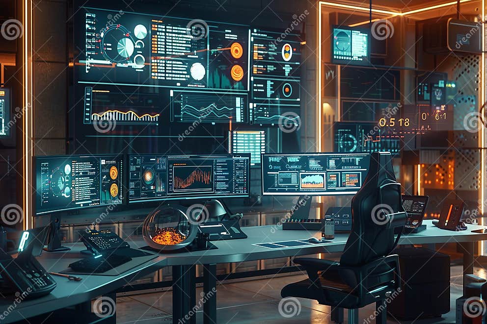 A Modern Technology Focused Marketers Office With Screens Displaying Ai Algorithms Analyzing
