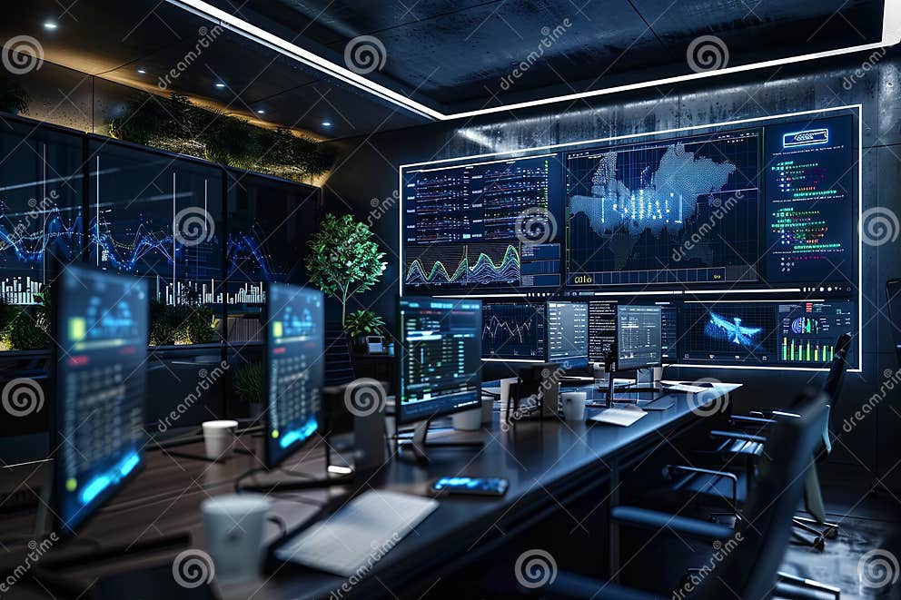 A Modern, Technology-focused Marketing Office with Multiple Screens Displaying AI Algorithms ...