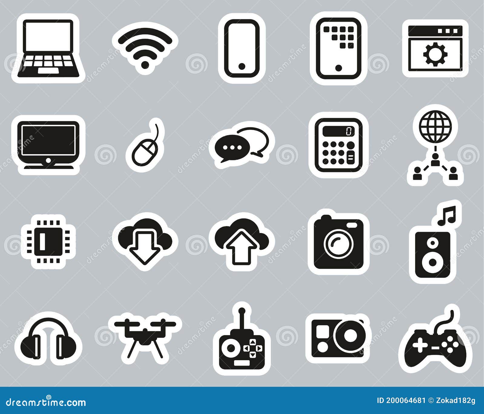 Modern Technology Icons Black & White Sticker Set Big Stock Vector ...
