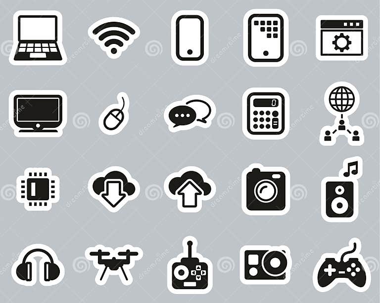 Modern Technology Icons Black & White Sticker Set Big Stock Vector ...