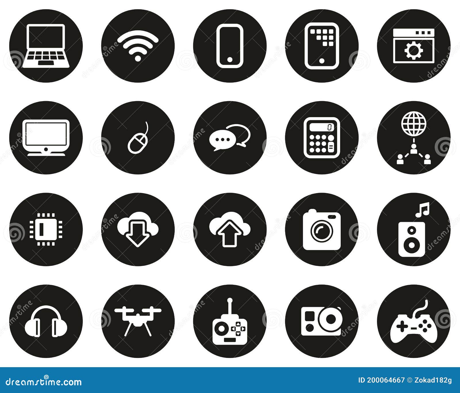 Modern Technology Icons White on Black Flat Design Circle Set Big Stock ...