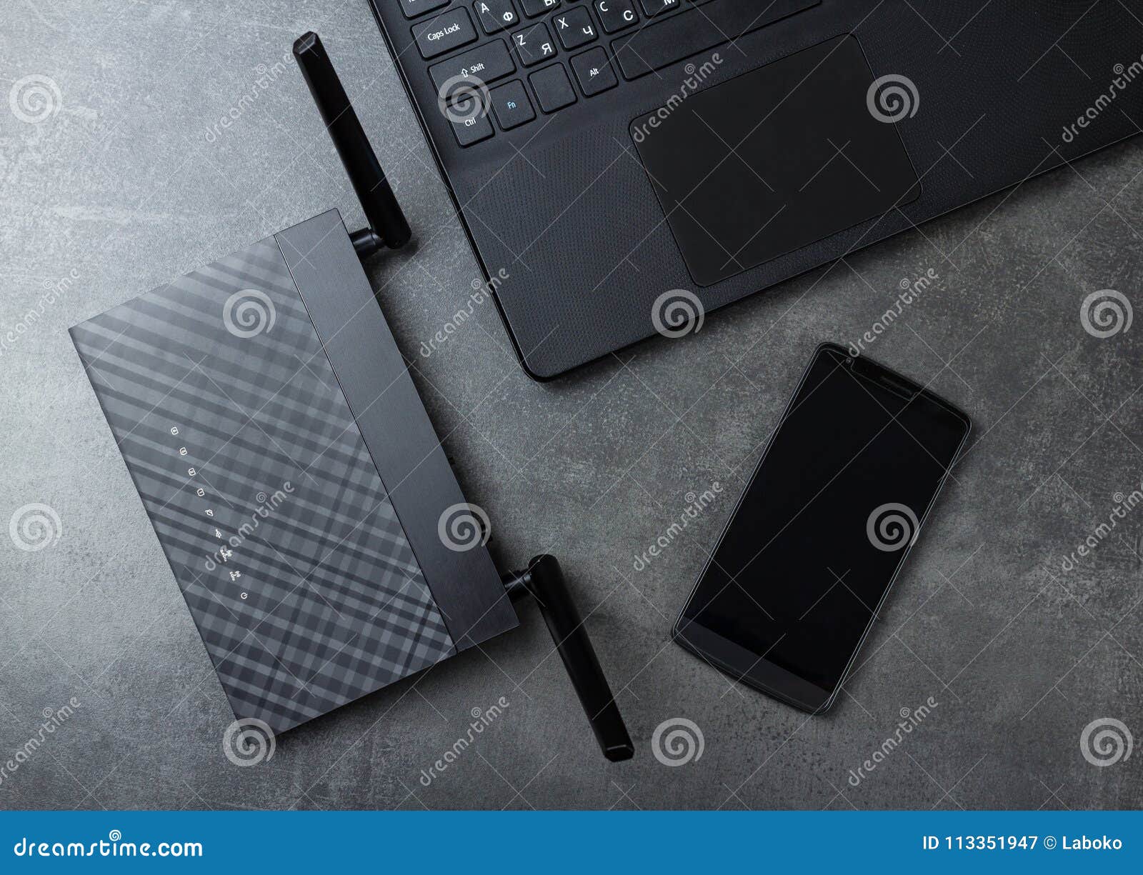 Modern Technology-wireless LAN-Wi-Fi, Computer and Phone on Gray Stock ...