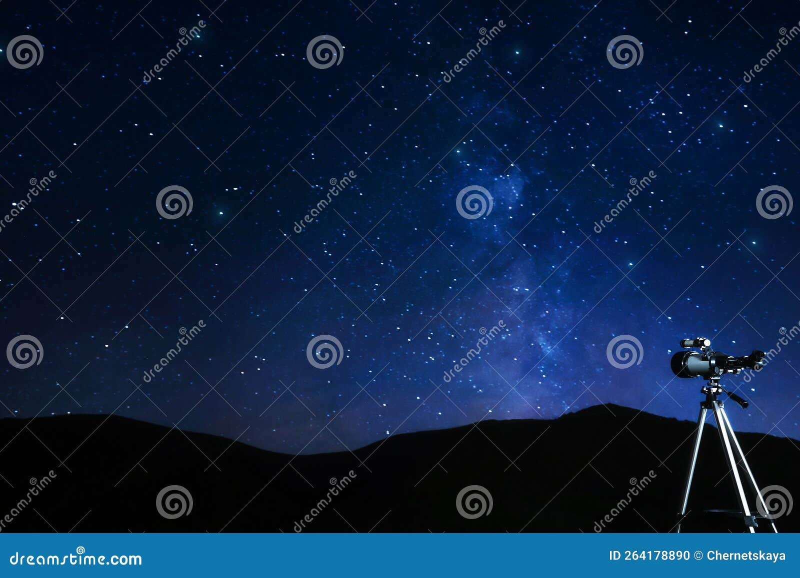 Modern Telescope and Beautiful Sky in Night Outdoors. Learning ...