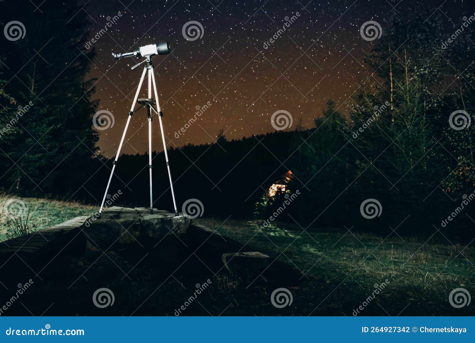 Modern Telescope and Beautiful Sky in Night Outdoors. Learning ...