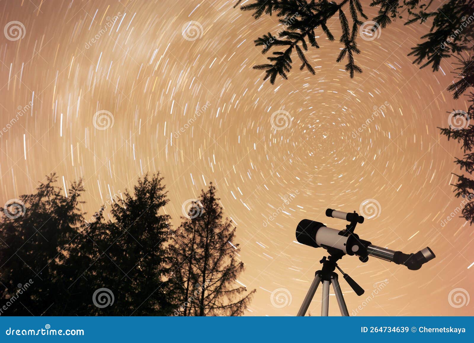Modern Telescope and Beautiful Sky Outdoors, Low Angle View. Star Trail ...