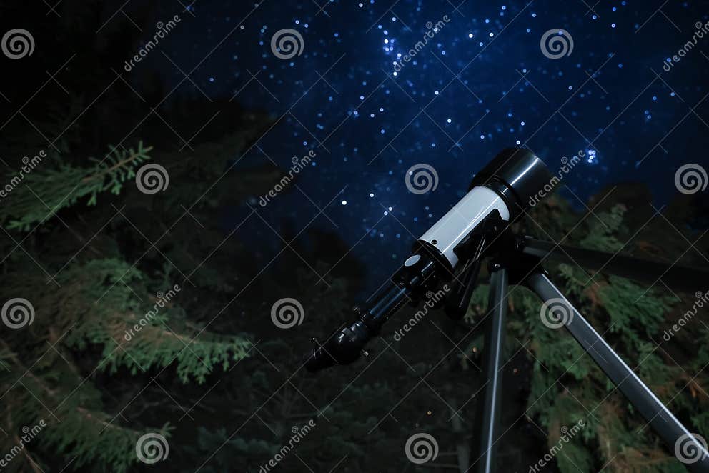 Modern Telescope at Night Outdoors, Low Angle View. Learning Astronomy ...